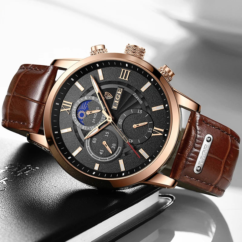 LIGE Top Brand Luxury Leather Casual Quartz Watch – Zyrawave