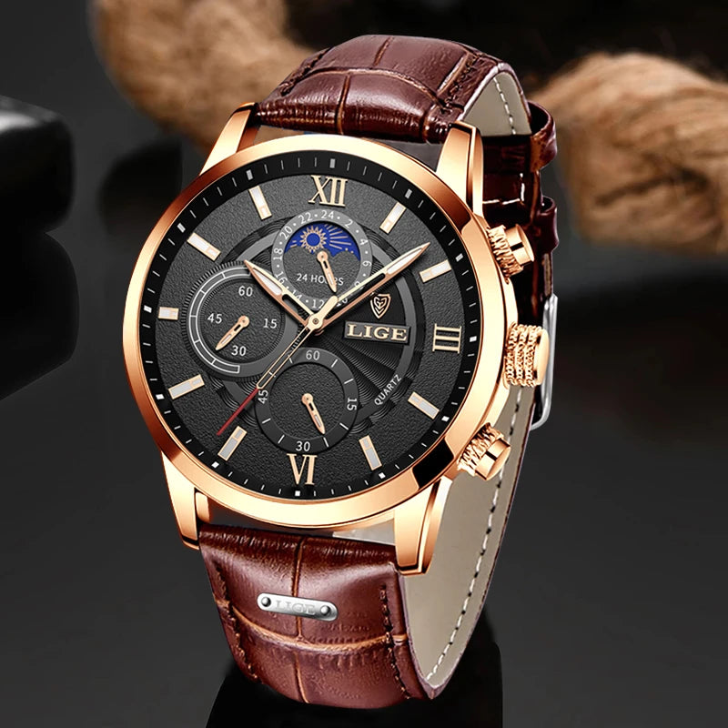 LIGE Top Brand Luxury Leather Casual Quartz Watch – Zyrawave